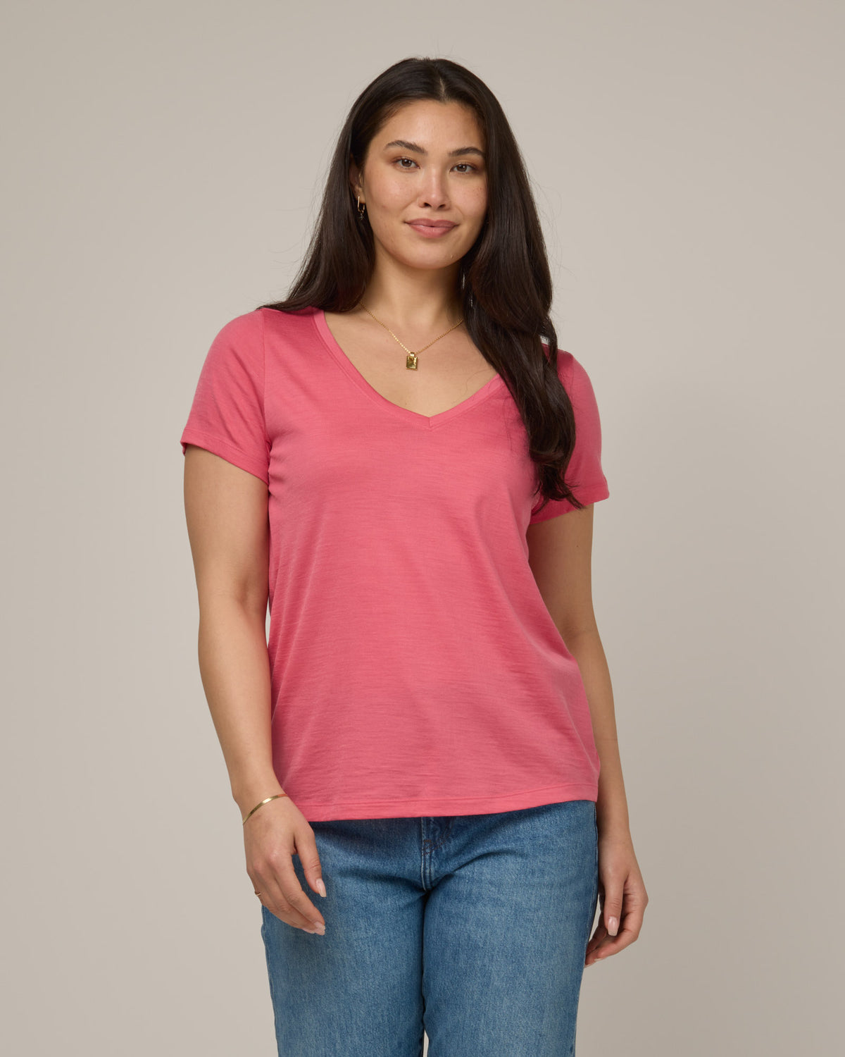 Morgan Merino Wool V-Neck Tee - Geranium – Morgan Vneck Tee | wool&