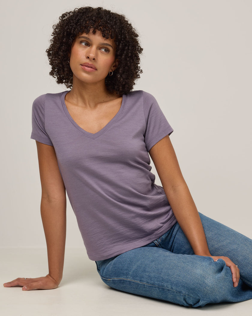 Morgan Merino Wool V-Neck Tee - Purple Sage – Morgan Vneck Tee | wool&