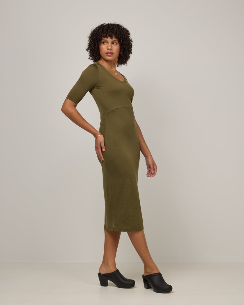 London Merino Wool Fitted Dress - Olive – London Fitted Midi Dress | wool&